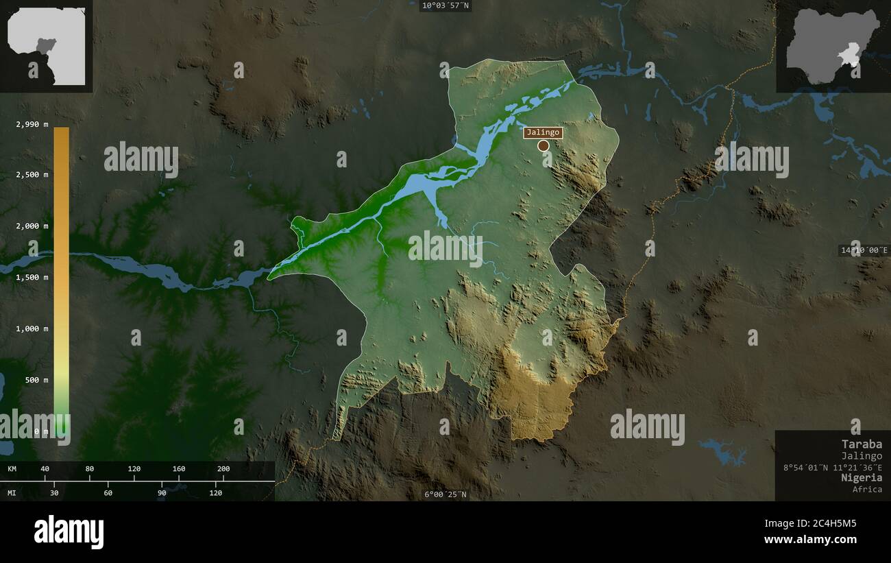 Taraba, state of Nigeria. Colored shader data with lakes and rivers ...