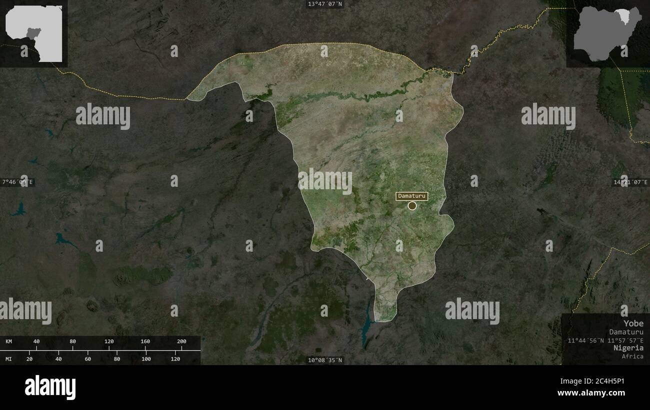 Yobe, state of Nigeria. Satellite imagery. Shape presented against its ...