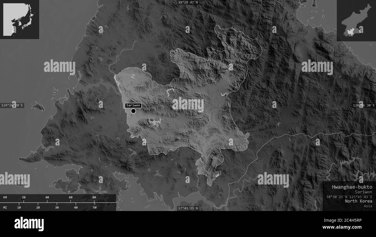 Hwanghae-bukto, province of North Korea. Grayscaled map with lakes and ...
