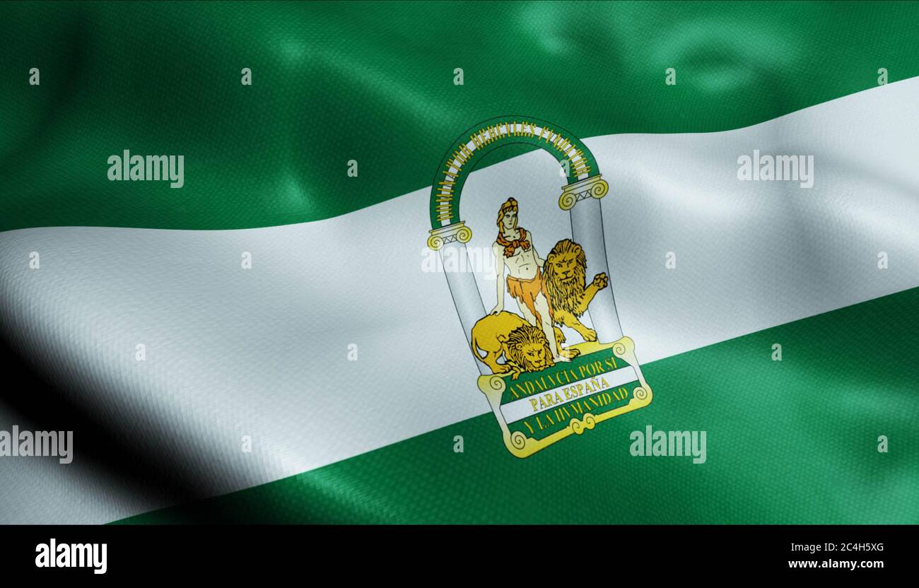3D Illustration of a waving province flag of Andalusia (Spain country ...