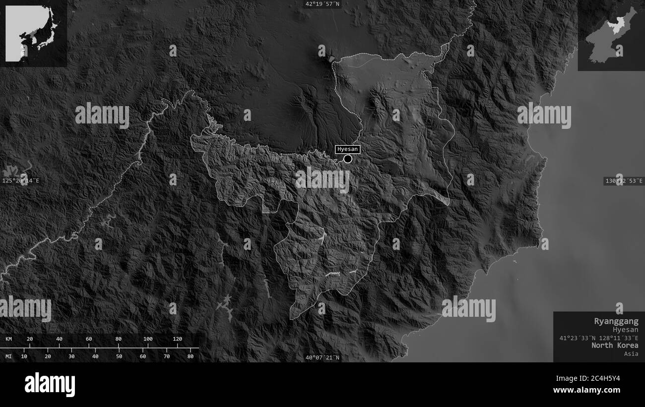 Ryanggang, province of North Korea. Grayscaled map with lakes and ...