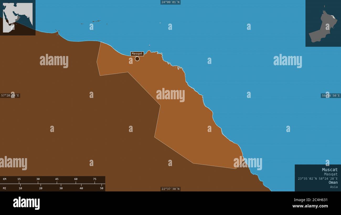 Muscat, province of Oman. Patterned solids with lakes and rivers. Shape ...