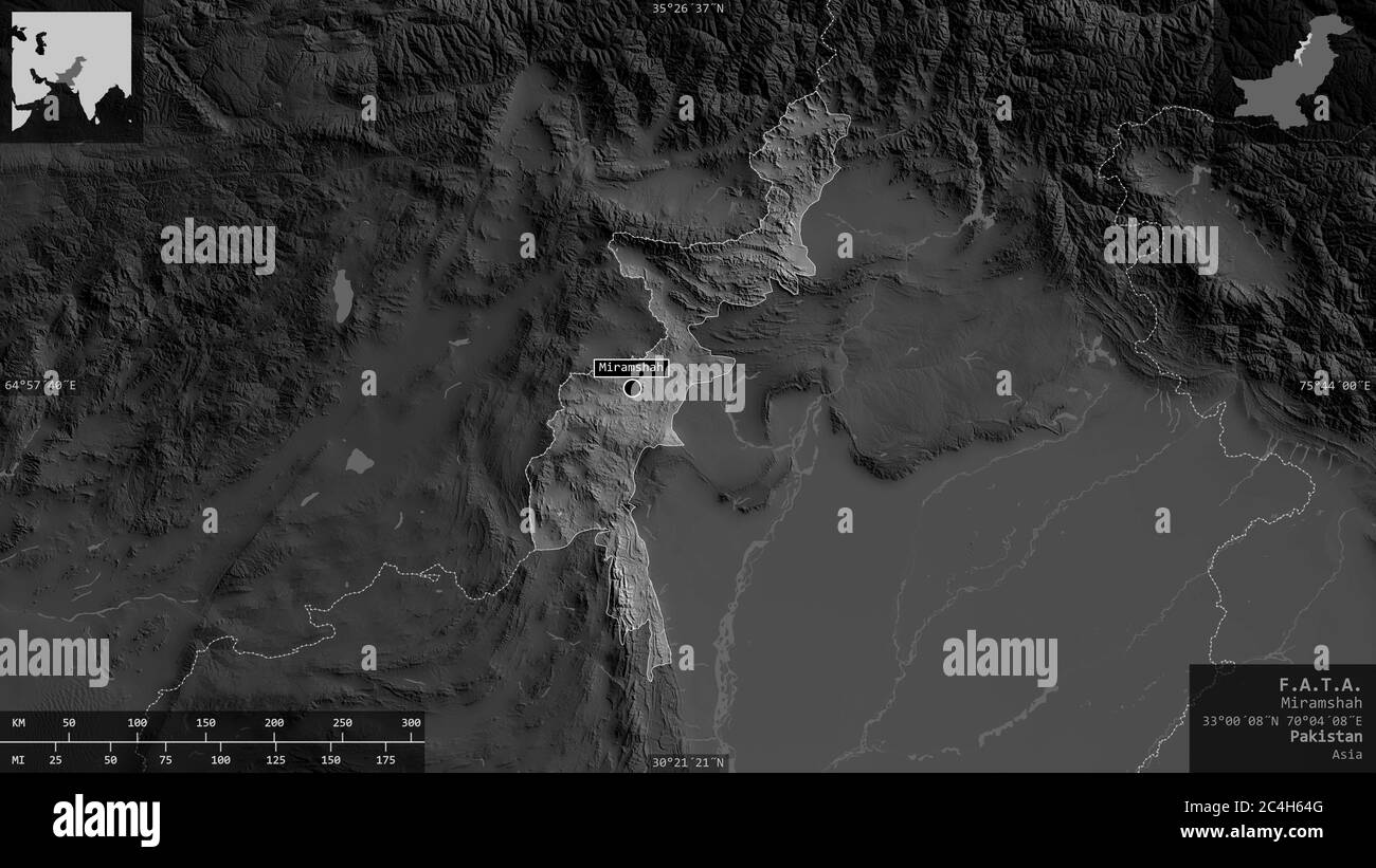 F.A.T.A., territory of Pakistan. Grayscaled map with lakes and rivers ...