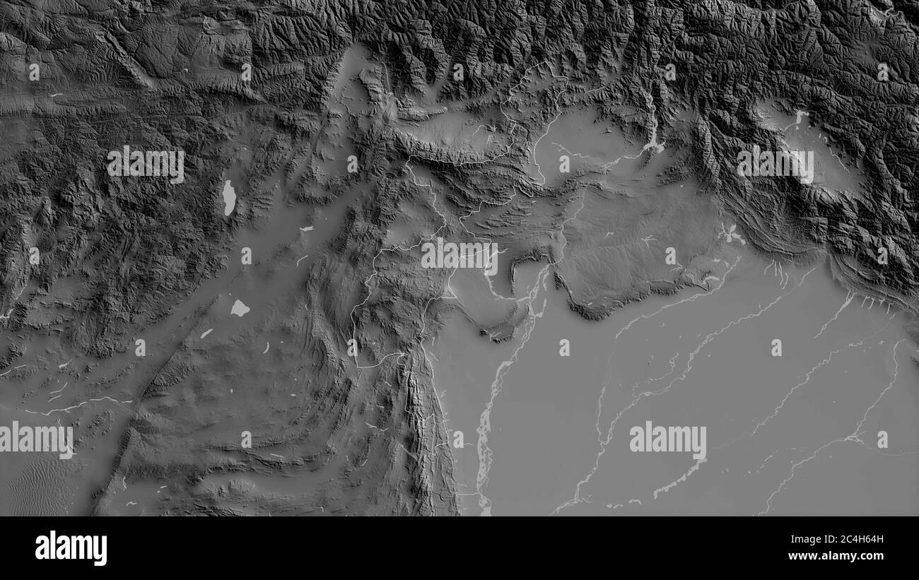 F.A.T.A., territory of Pakistan. Grayscaled map with lakes and rivers ...