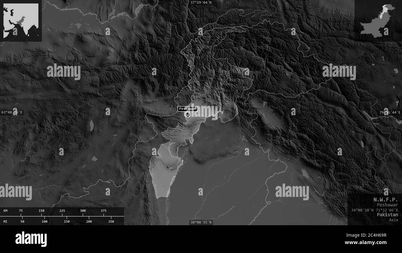 N.W.F.P., province of Pakistan. Grayscaled map with lakes and rivers ...