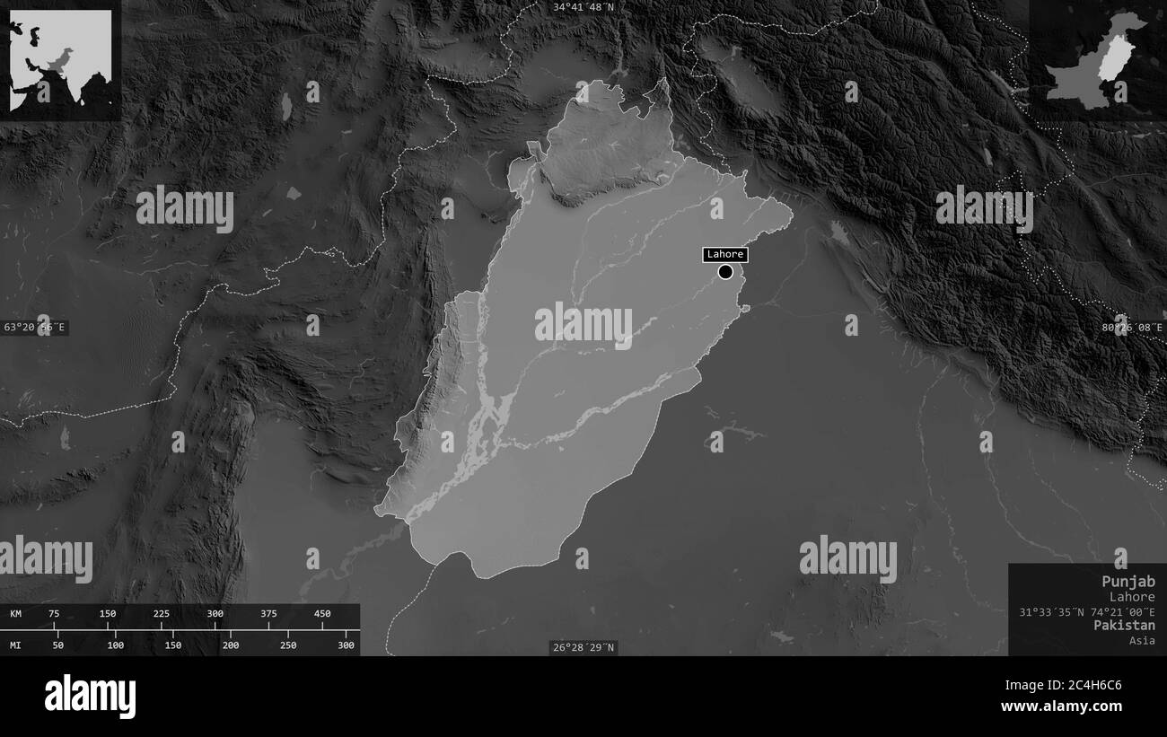 Punjab, province of Pakistan. Grayscaled map with lakes and rivers ...