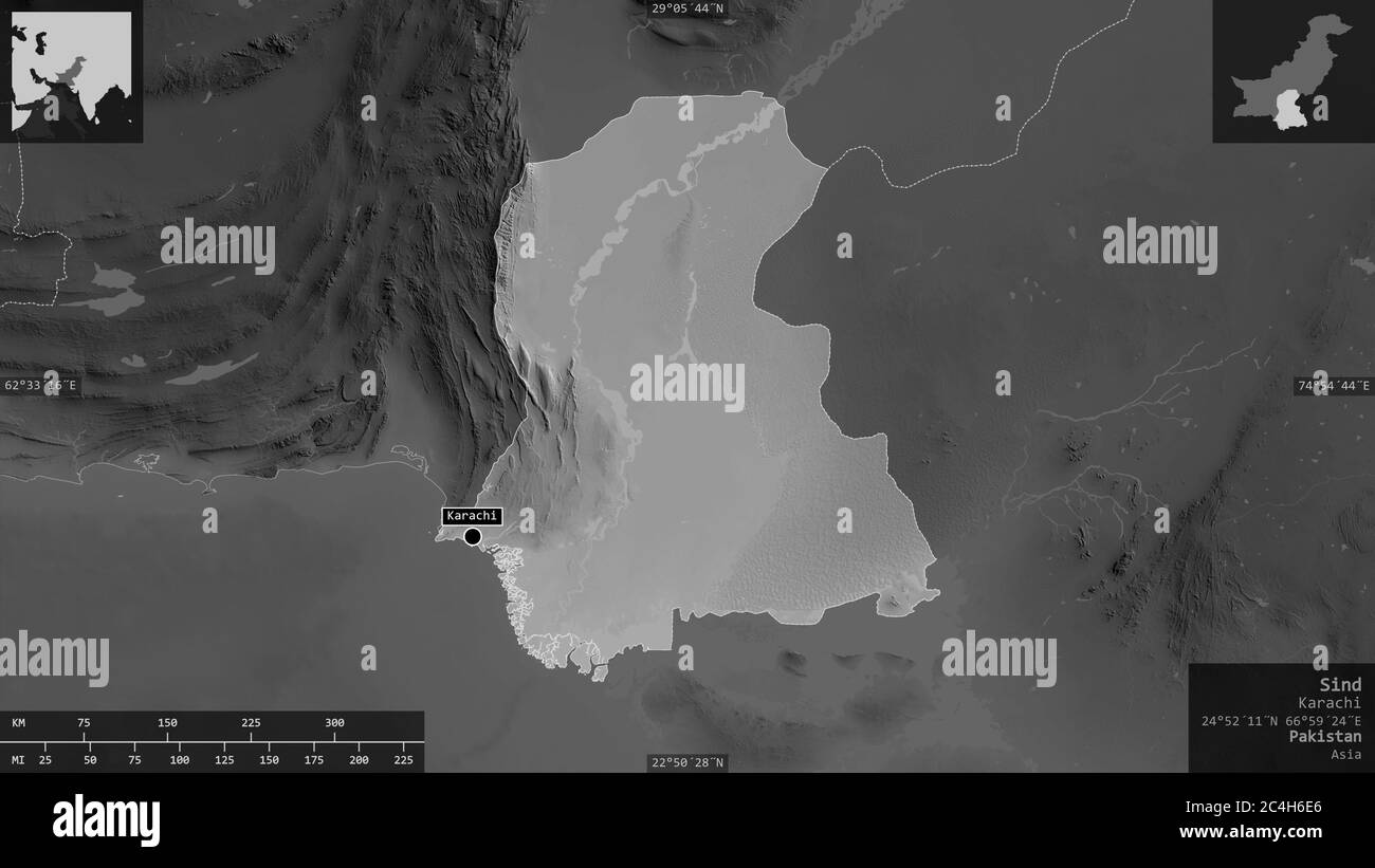 Sind, province of Pakistan. Grayscaled map with lakes and rivers. Shape ...