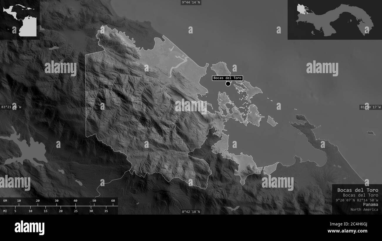 Bocas del Toro, province of Panama. Grayscaled map with lakes and ...