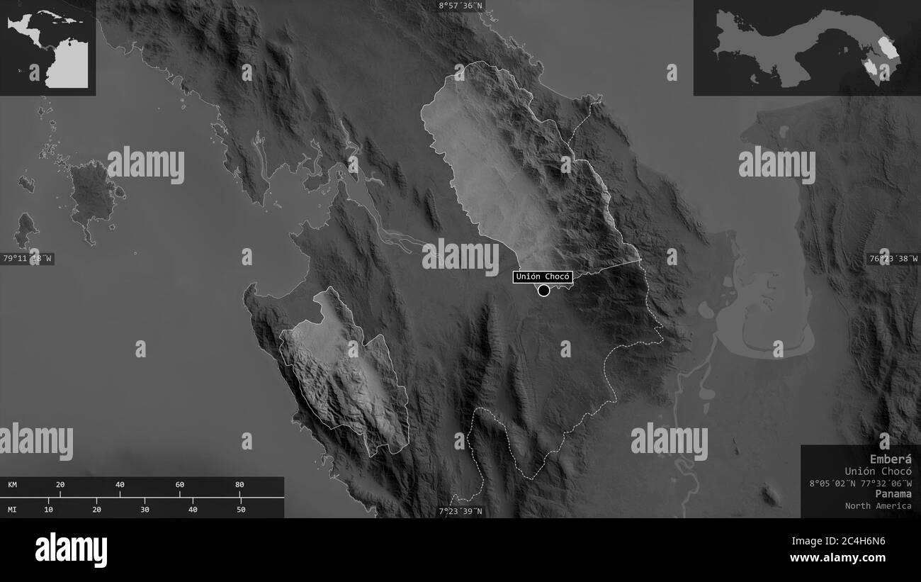 Emberá, indigenous territory of Panama. Grayscaled map with lakes and ...