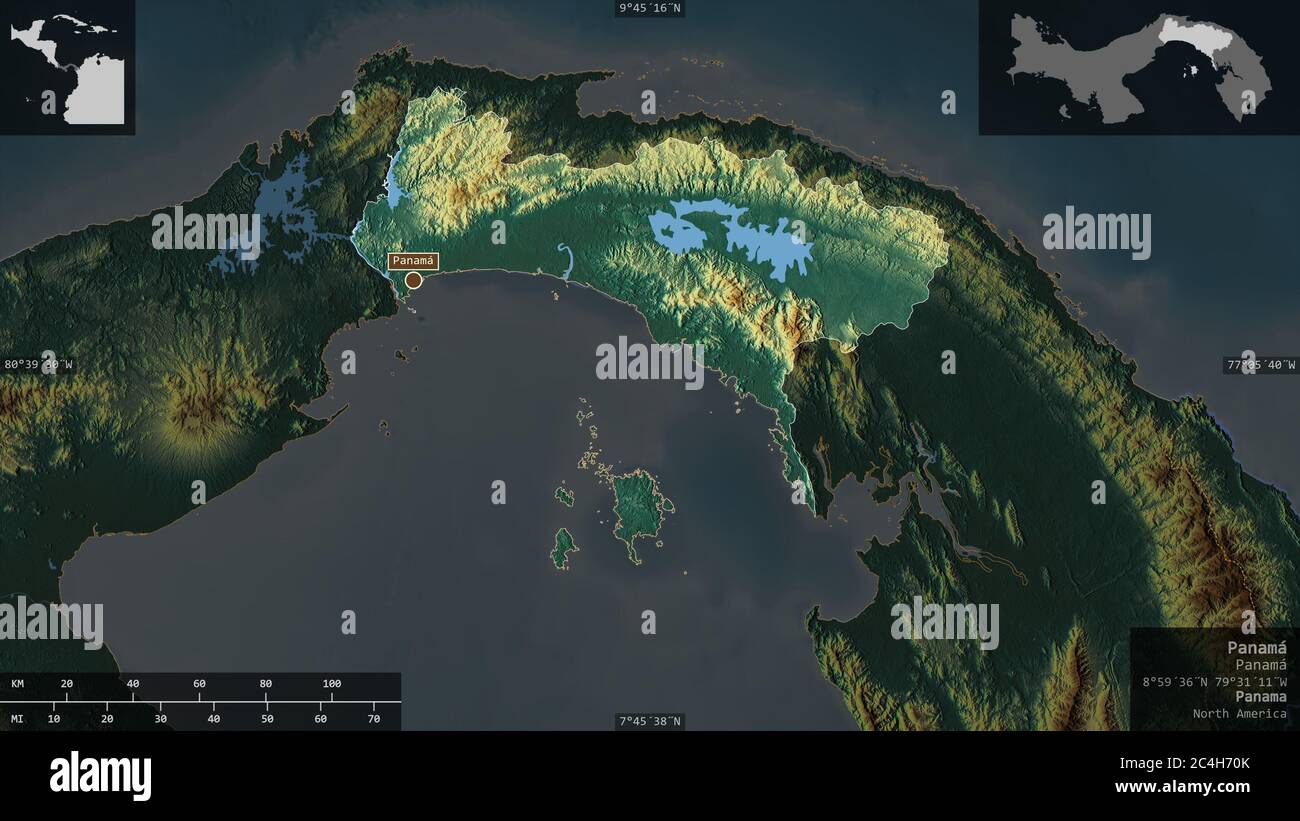 Panamá, province of Panama. Colored relief with lakes and rivers. Shape ...