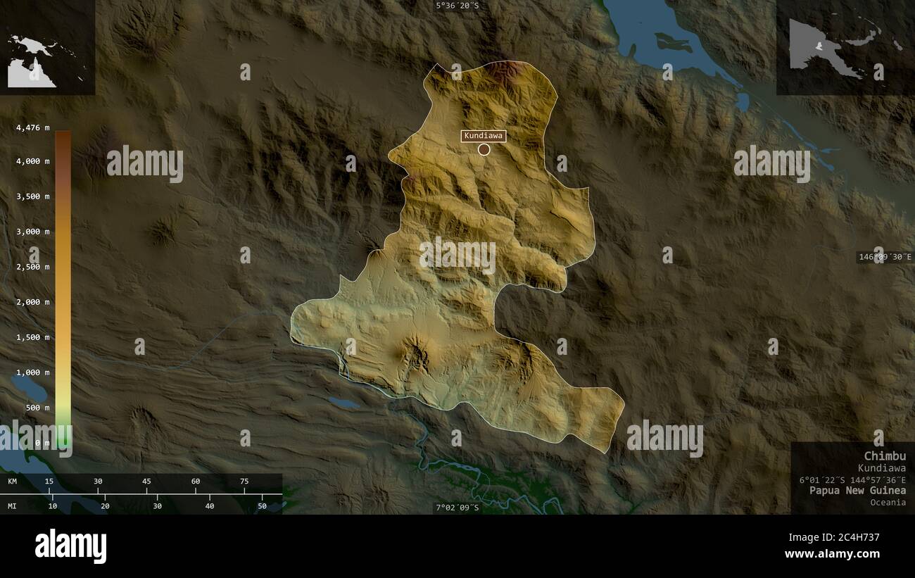 Chimbu, province of Papua New Guinea. Colored shader data with lakes ...