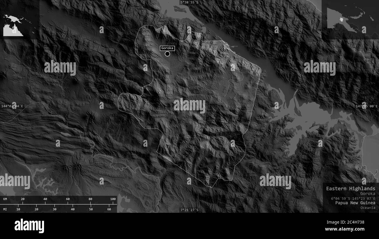 Eastern Highlands, province of Papua New Guinea. Grayscaled map with ...
