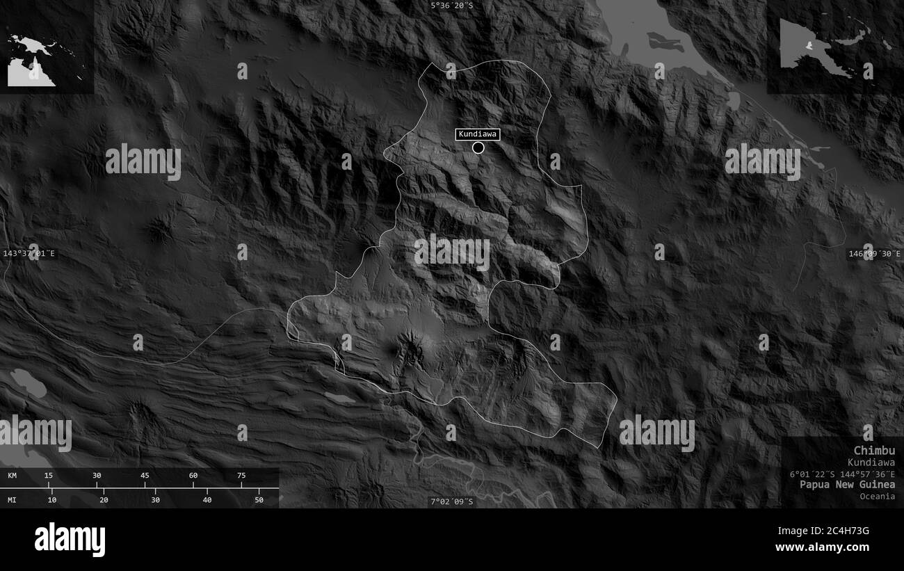 Chimbu, province of Papua New Guinea. Grayscaled map with lakes and ...