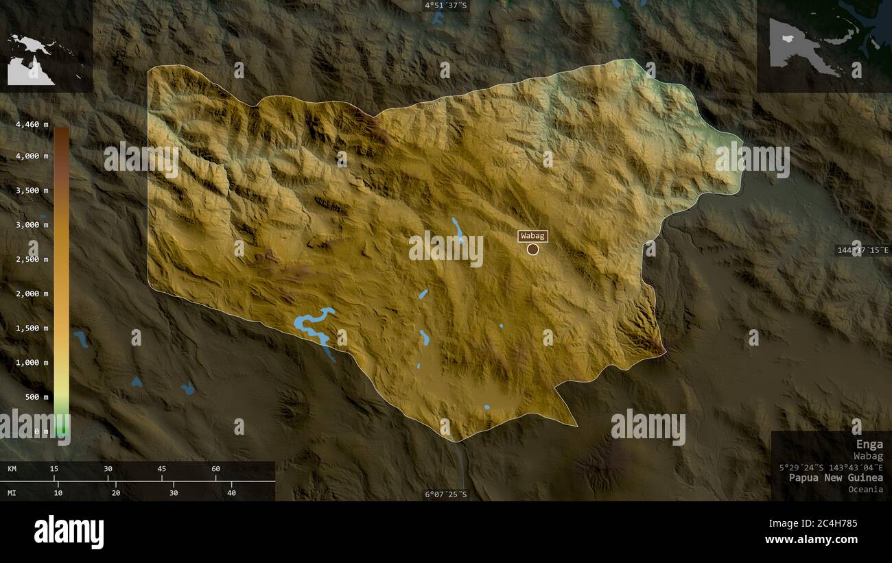 Enga, province of Papua New Guinea. Colored shader data with lakes and ...