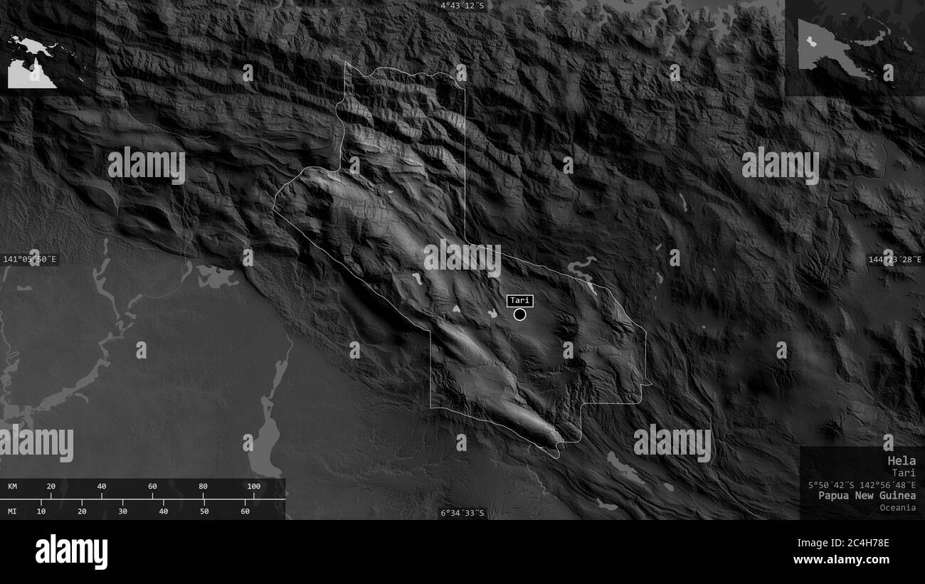 Hela, province of Papua New Guinea. Grayscaled map with lakes and ...