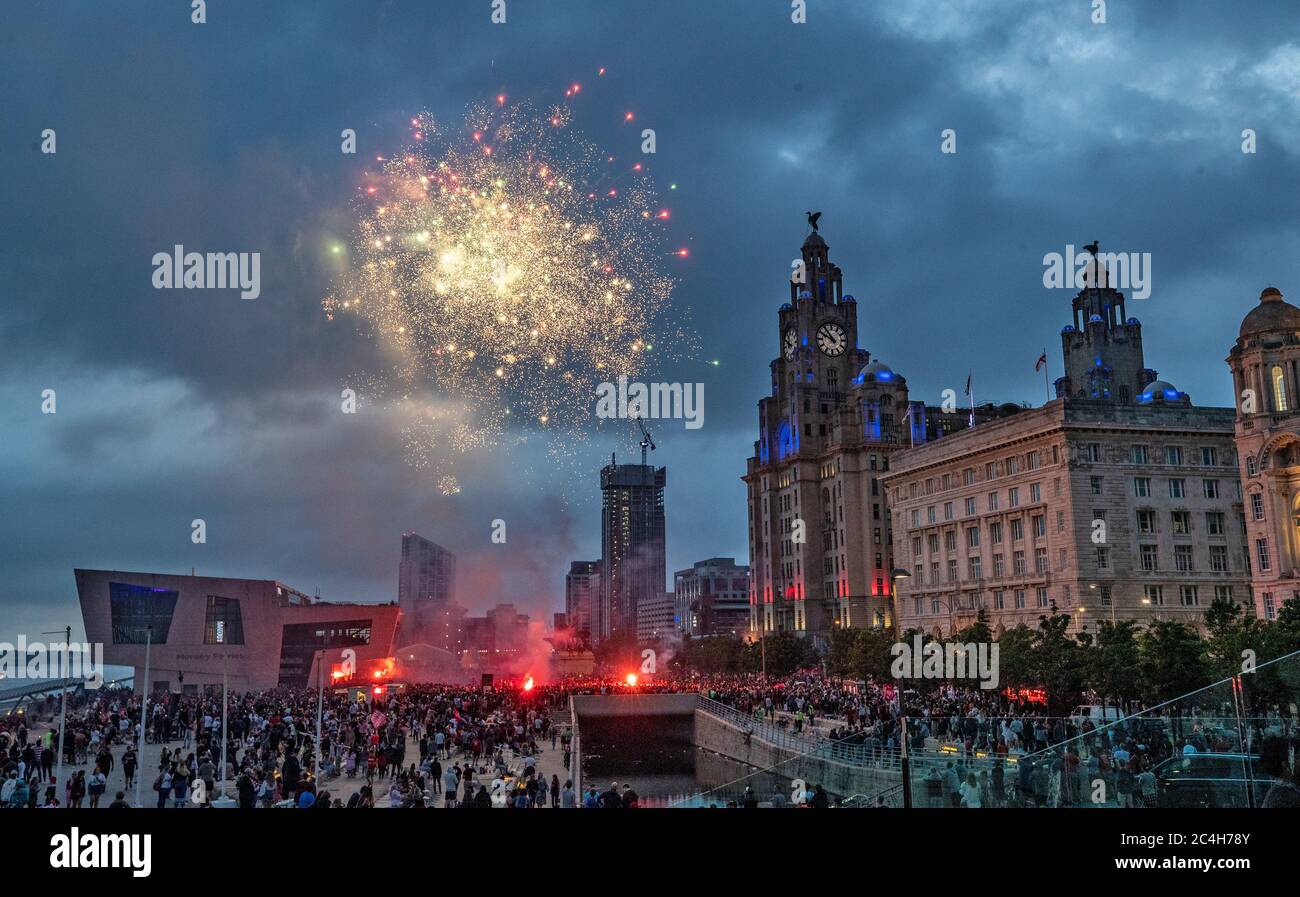 Fireworks go off outside the Liver Building in Liverpool Stock Photo ...
