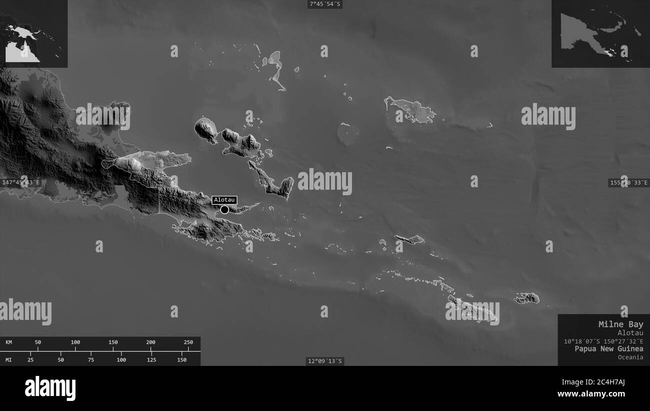 Milne Bay, province of Papua New Guinea. Grayscaled map with lakes and ...