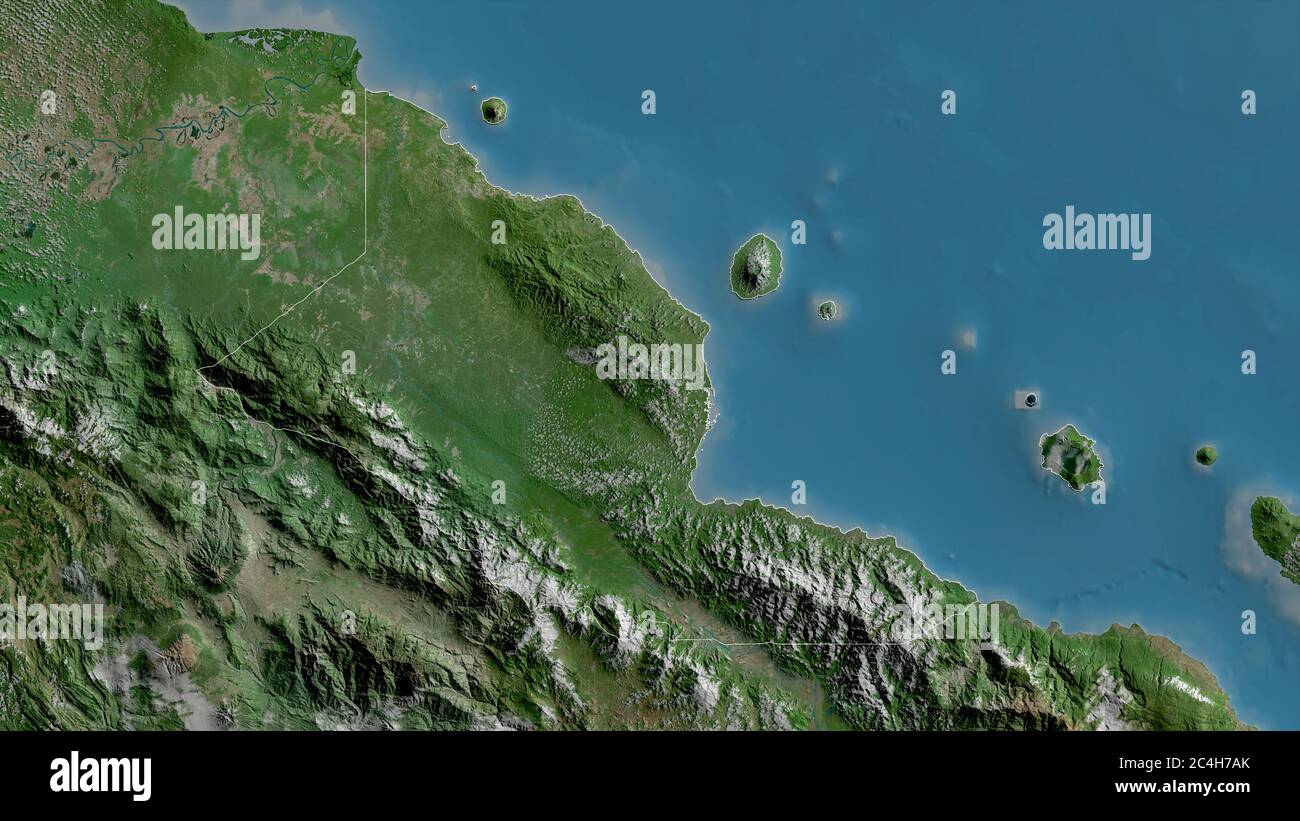 Madang, province of Papua New Guinea. Satellite imagery. Shape outlined ...