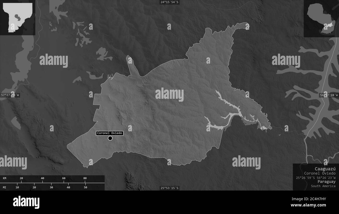 Caaguazú, department of Paraguay. Grayscaled map with lakes and rivers ...
