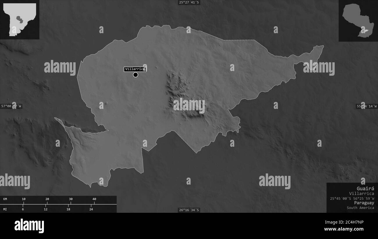 Guairá, department of Paraguay. Grayscaled map with lakes and rivers ...