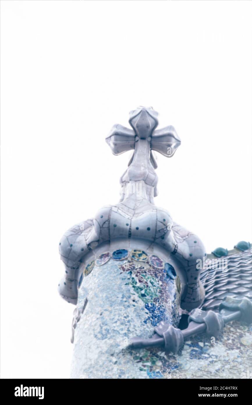 Stylised tiled cross on a tower of a building in Barcelona, Spain Stock ...