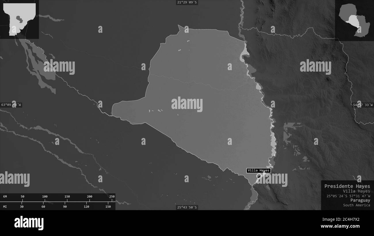 Presidente Hayes, department of Paraguay. Grayscaled map with lakes and ...
