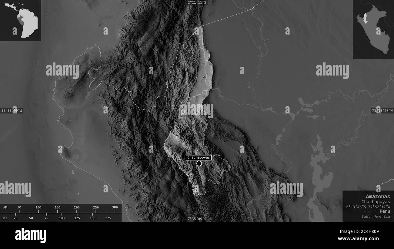 Amazonas, region of Peru. Grayscaled map with lakes and rivers. Shape ...