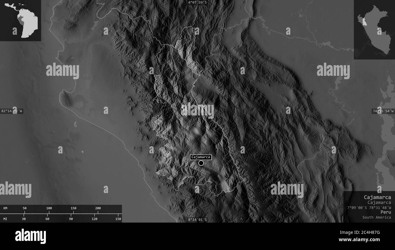 Cajamarca, region of Peru. Grayscaled map with lakes and rivers. Shape ...