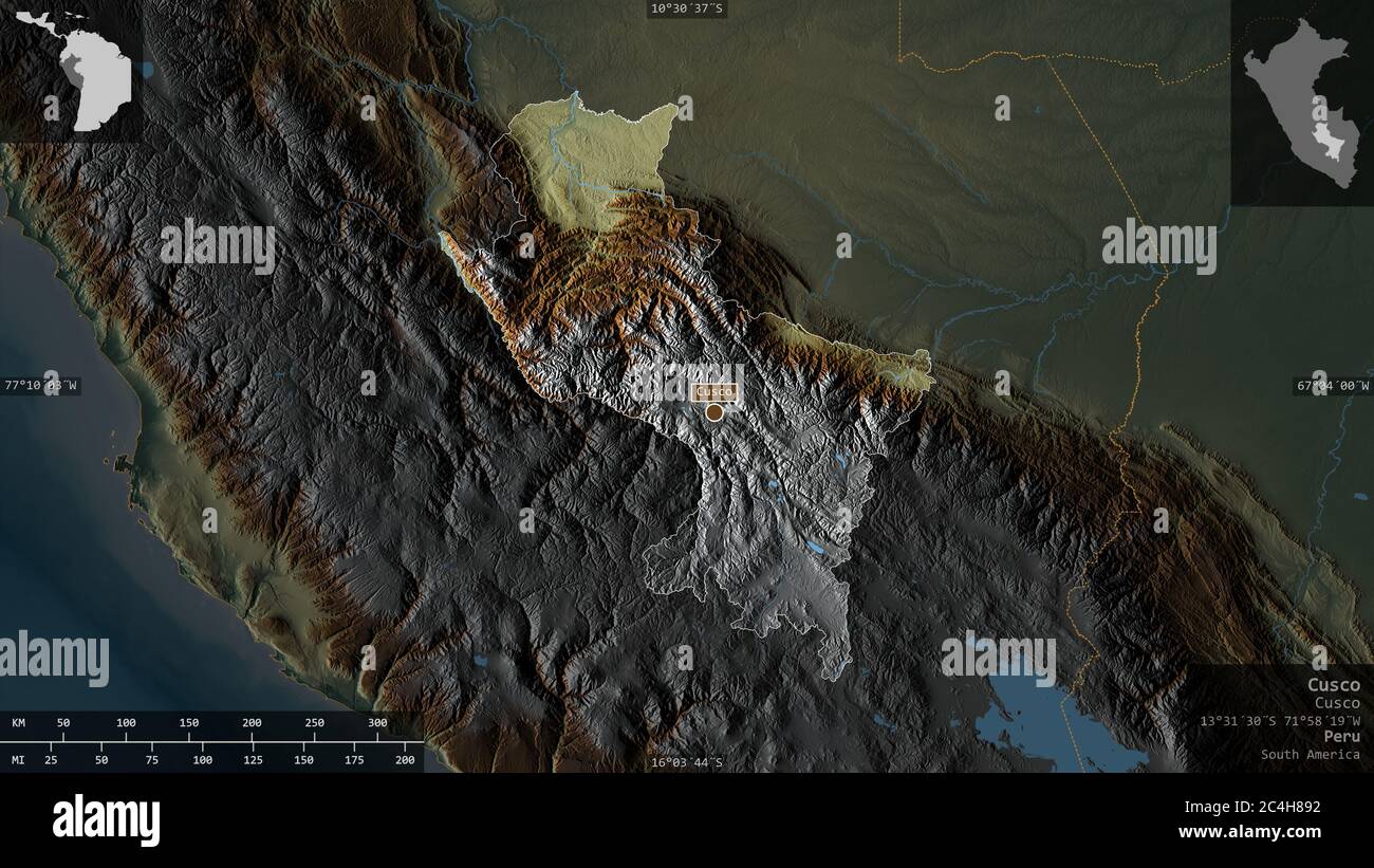 Cusco, region of Peru. Colored relief with lakes and rivers. Shape ...
