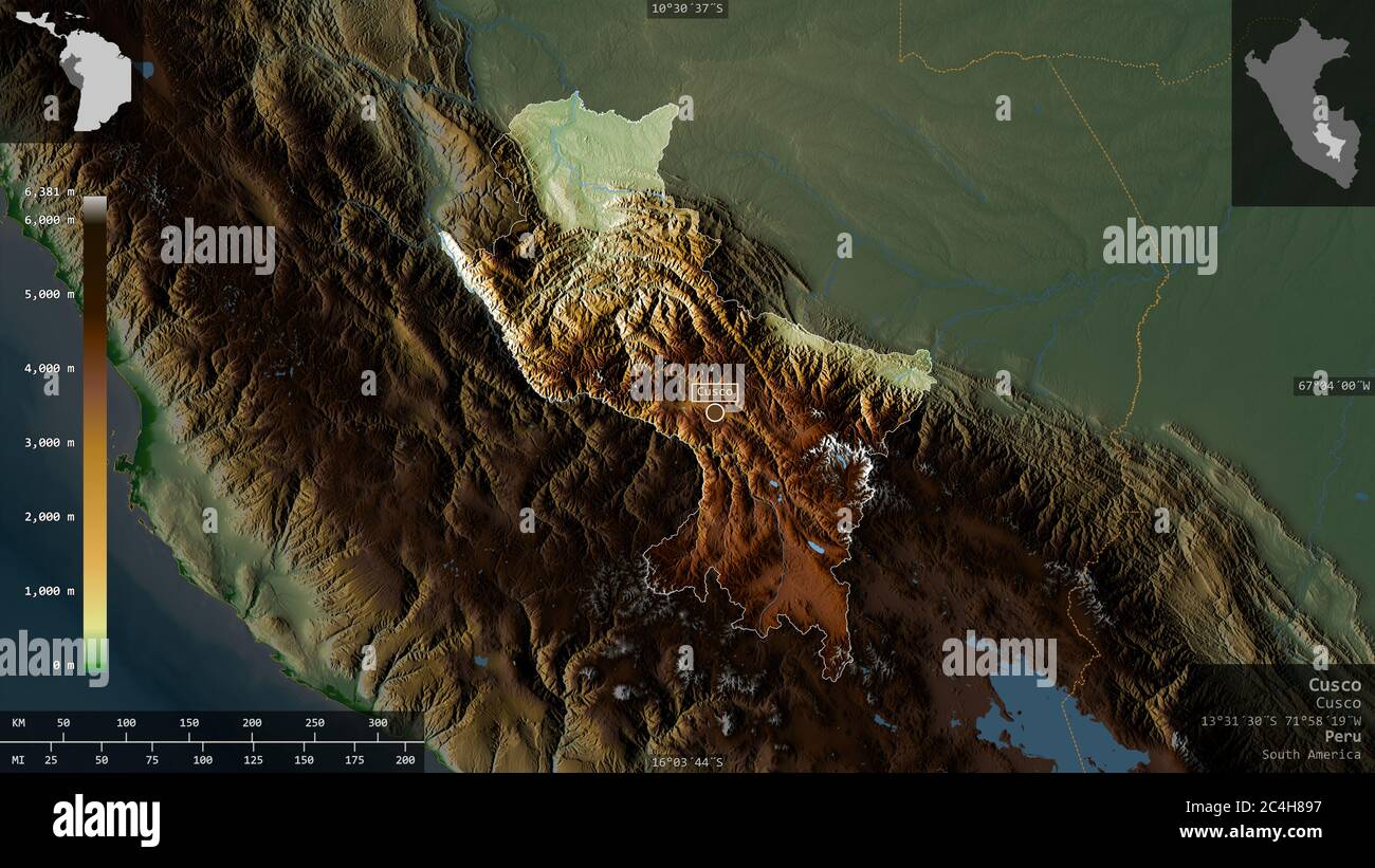 Cusco, region of Peru. Colored shader data with lakes and rivers. Shape ...