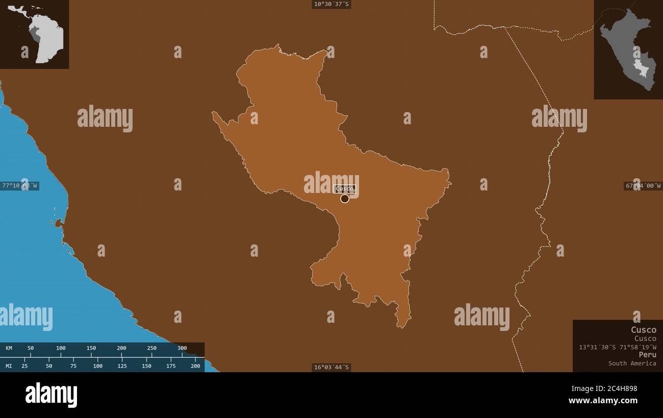 Cusco, region of Peru. Patterned solids with lakes and rivers. Shape ...
