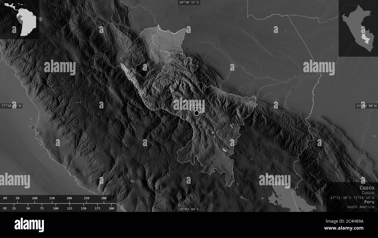 Cusco, region of Peru. Grayscaled map with lakes and rivers. Shape ...