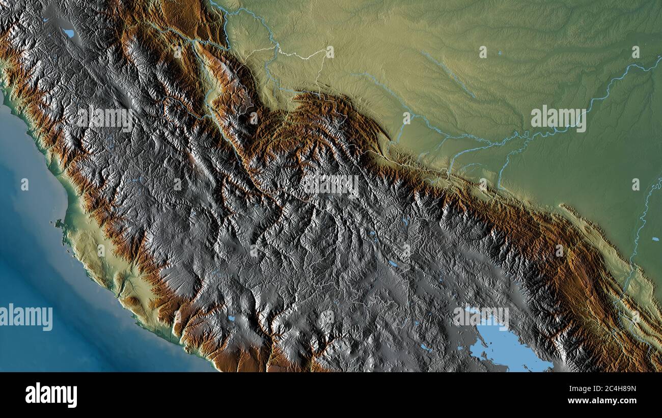Cusco, region of Peru. Colored relief with lakes and rivers. Shape ...