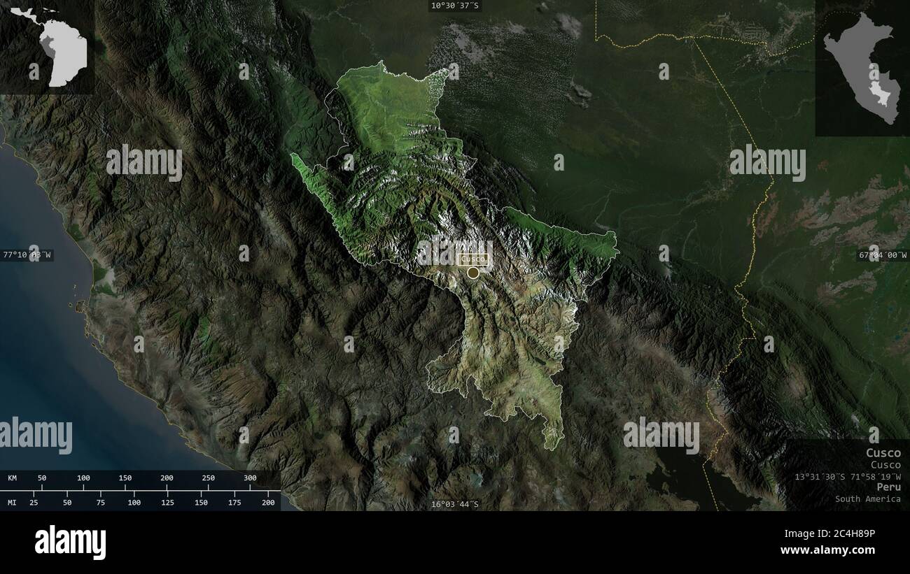 Cusco, region of Peru. Satellite imagery. Shape presented against its ...