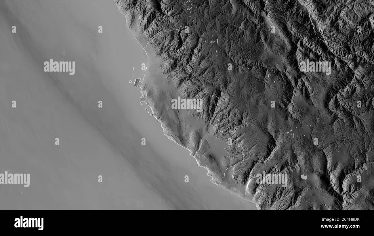 Ica, region of Peru. Grayscaled map with lakes and rivers. Shape ...