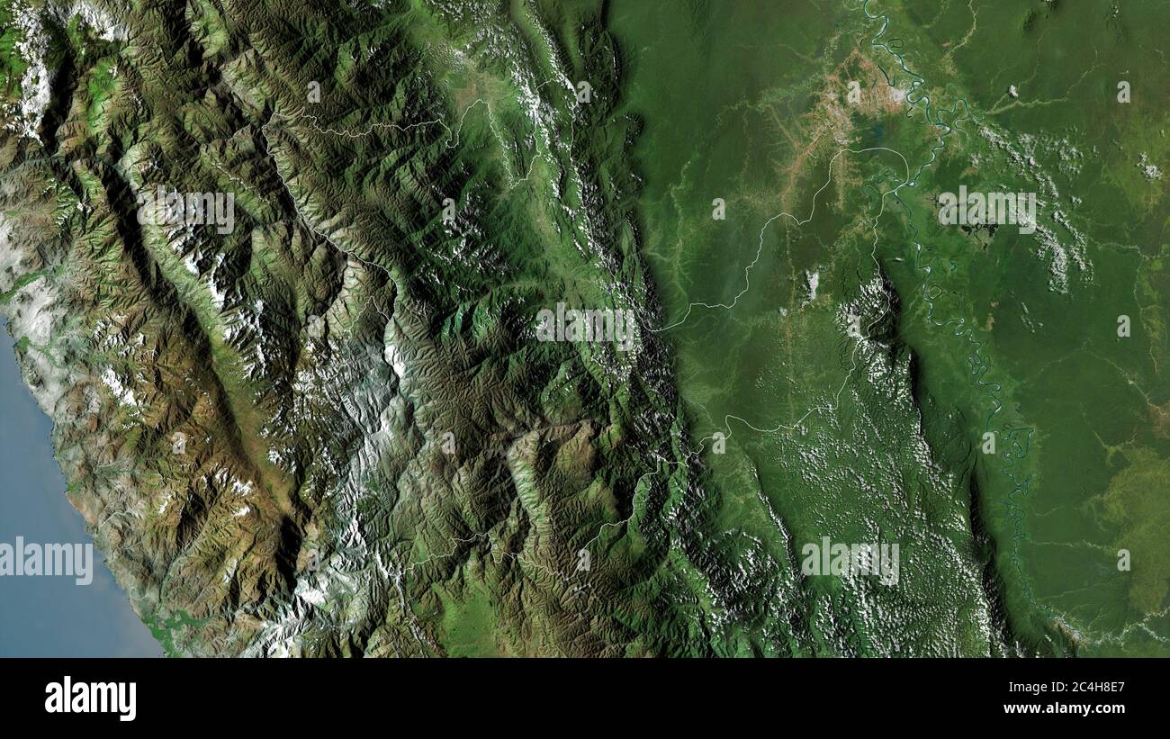 Huánuco, region of Peru. Satellite imagery. Shape outlined against its ...