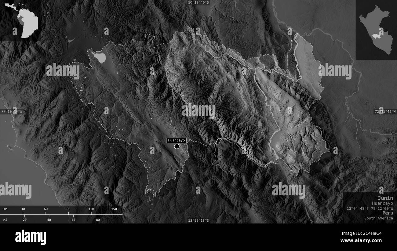 Junín, region of Peru. Grayscaled map with lakes and rivers. Shape ...