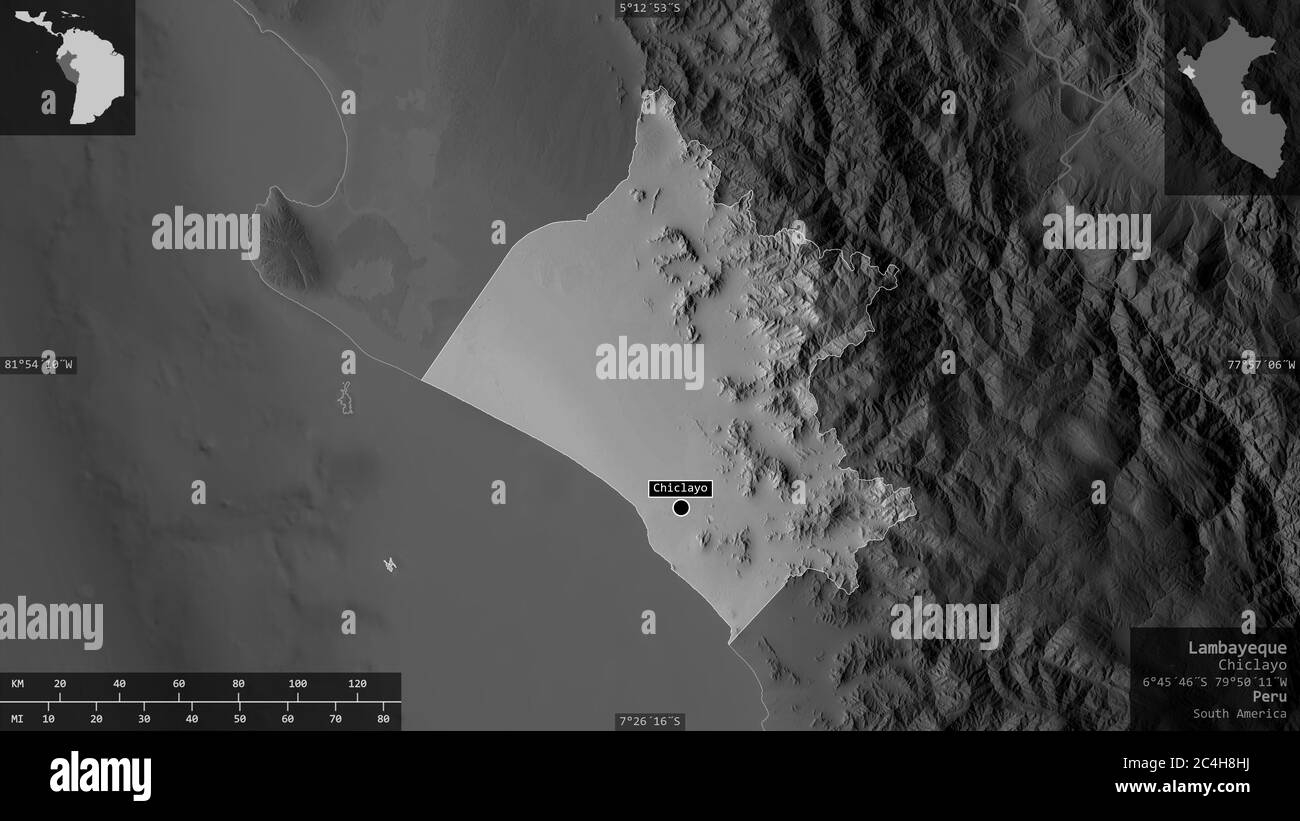 Lambayeque, region of Peru. Grayscaled map with lakes and rivers. Shape ...