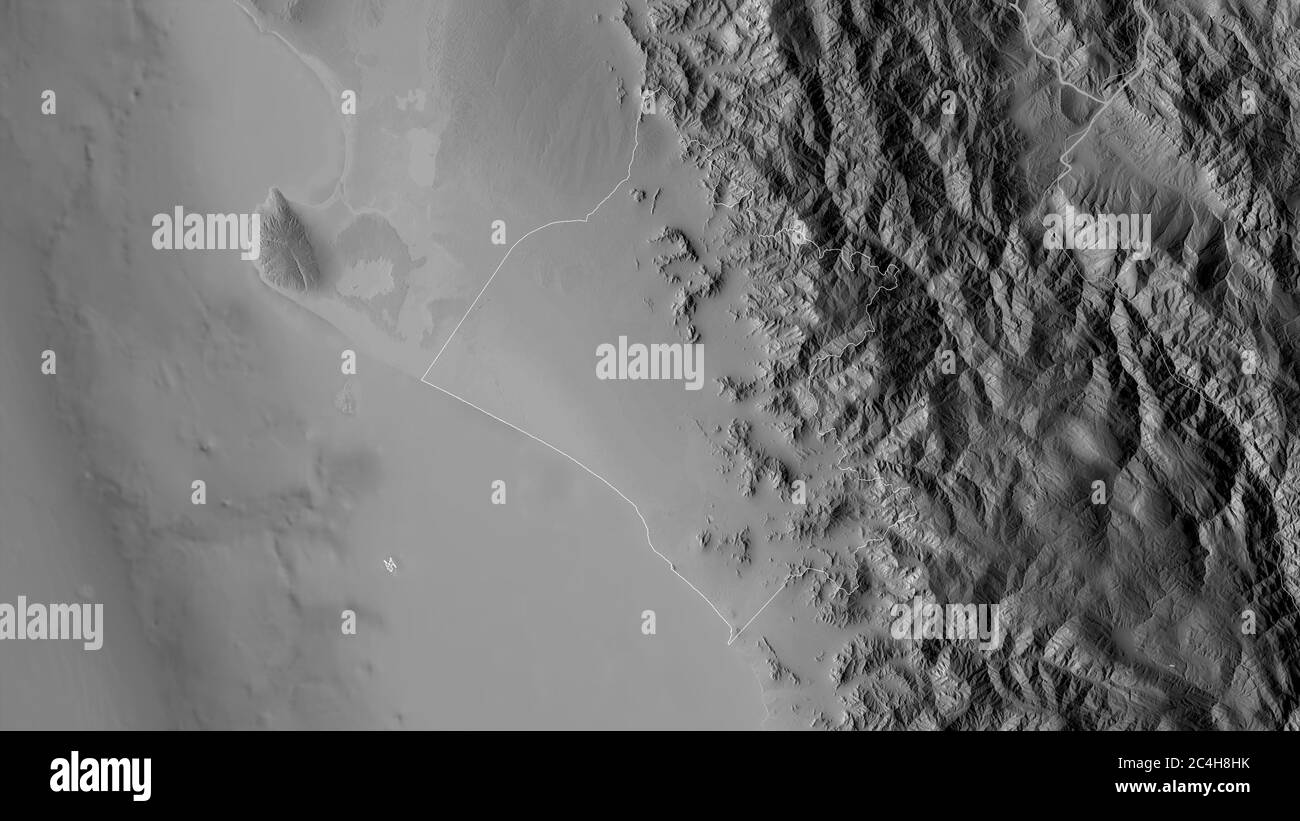 Lambayeque, region of Peru. Grayscaled map with lakes and rivers. Shape ...