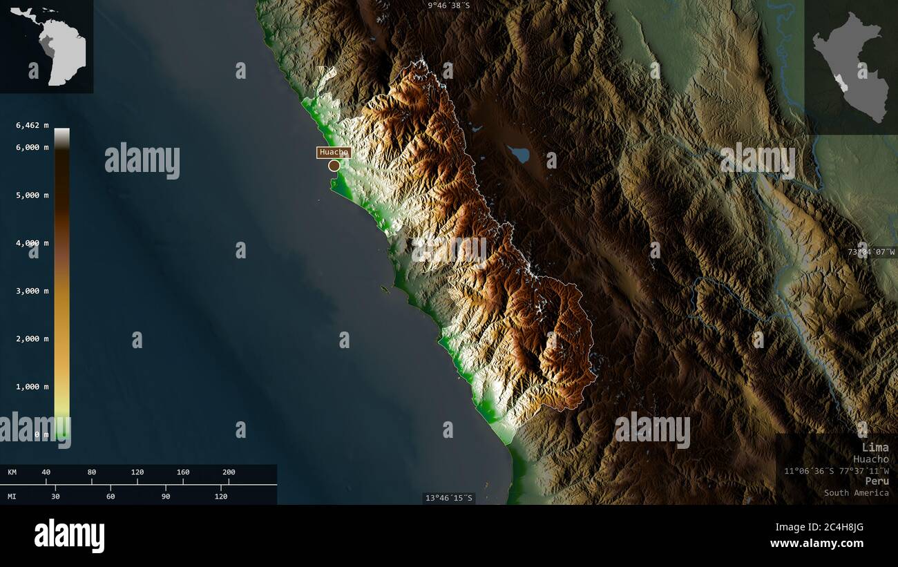 Lima, region of Peru. Colored shader data with lakes and rivers. Shape ...