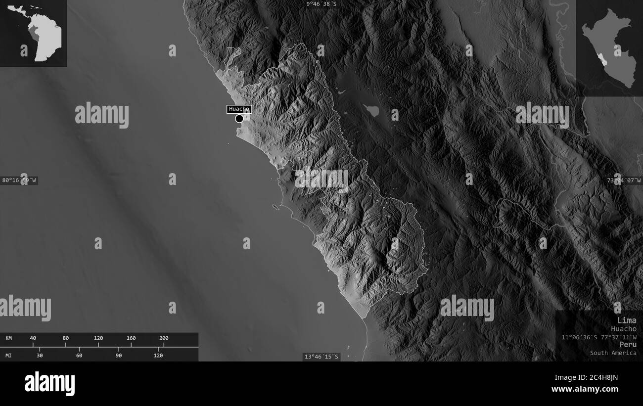 Lima, region of Peru. Grayscaled map with lakes and rivers. Shape ...