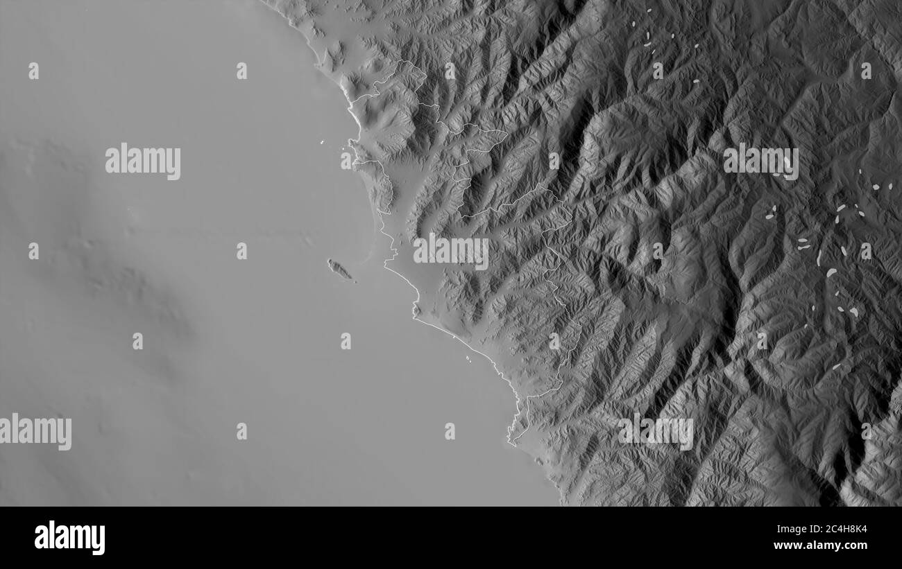 Lima Province, province of Peru. Grayscaled map with lakes and rivers ...