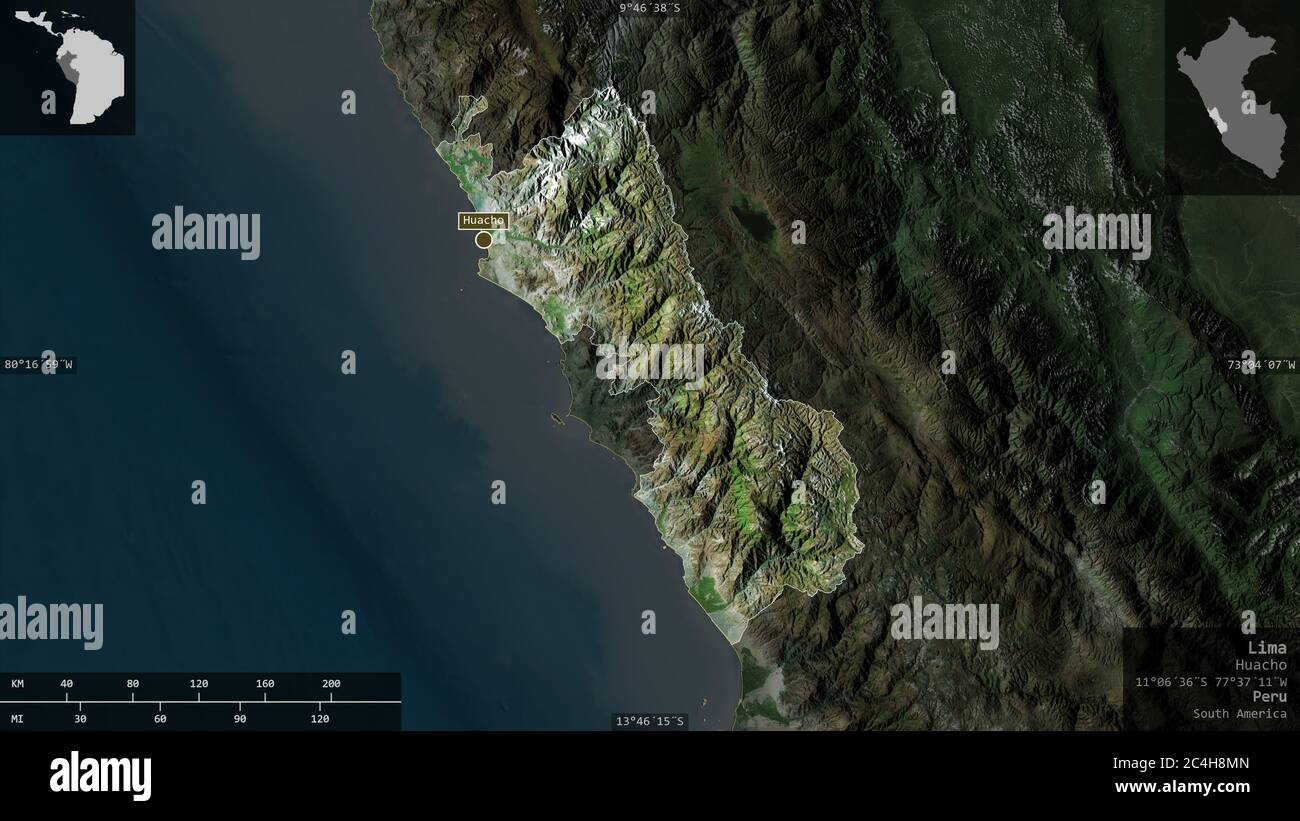 Lima, region of Peru. Satellite imagery. Shape presented against its ...
