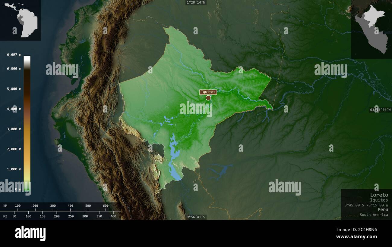 Loreto, region of Peru. Colored shader data with lakes and rivers ...