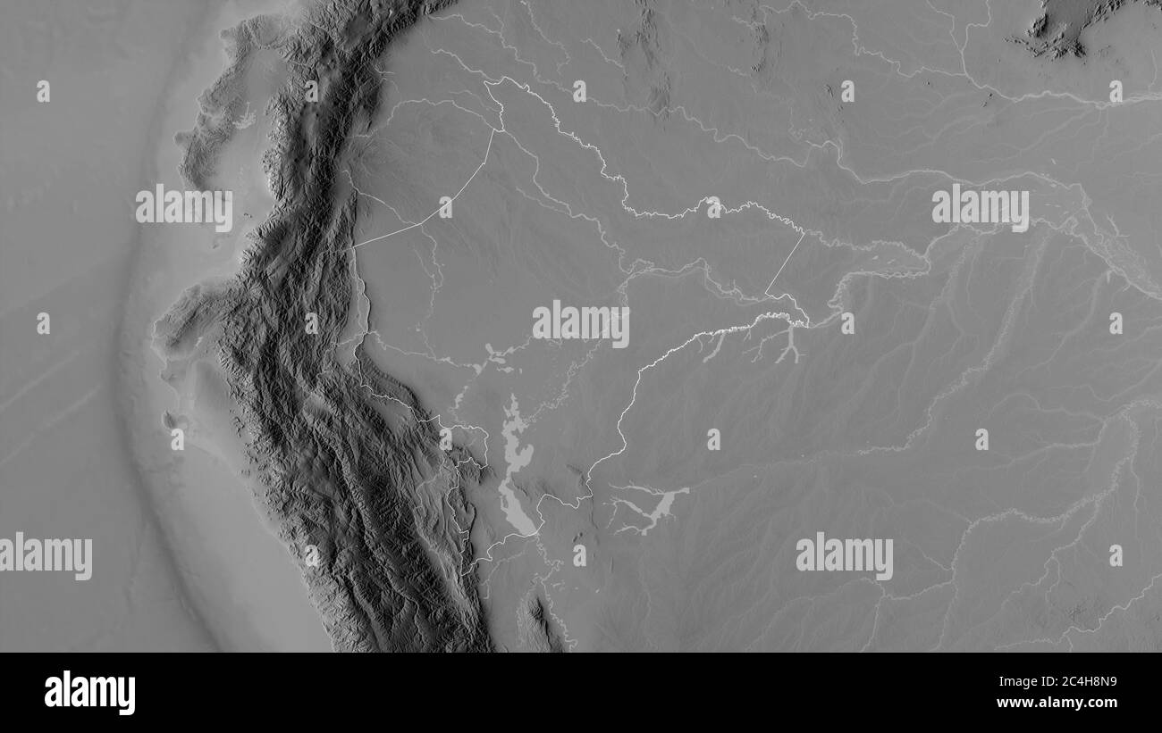Loreto, region of Peru. Grayscaled map with lakes and rivers. Shape ...