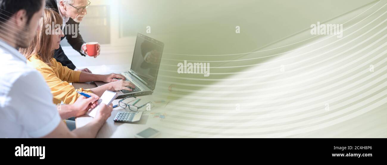 Business people working together in office, light effect; panoramic ...