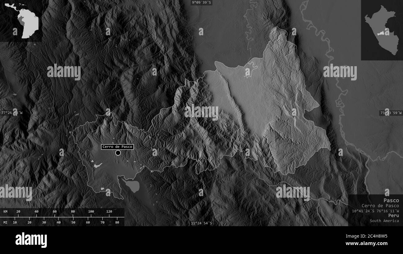 Pasco, region of Peru. Grayscaled map with lakes and rivers. Shape ...