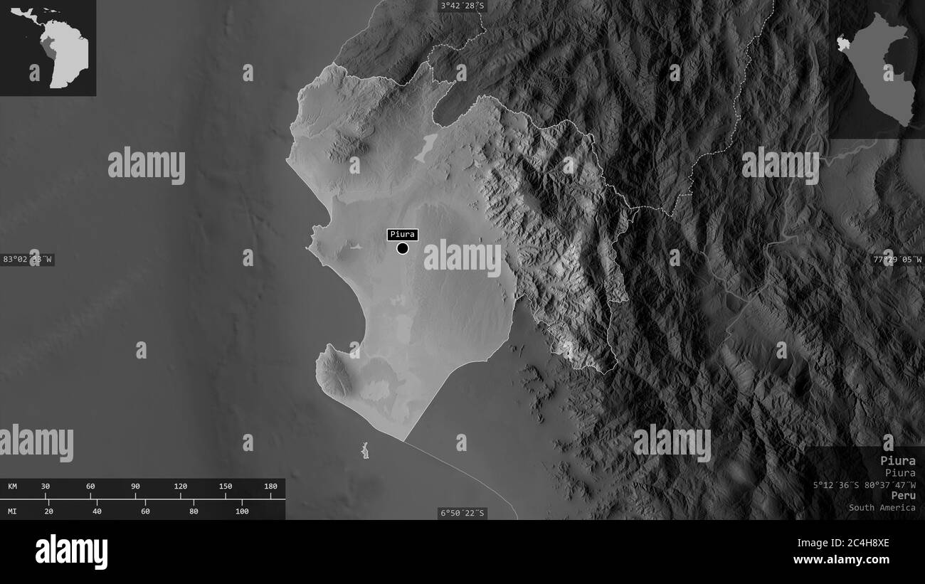 Piura, region of Peru. Grayscaled map with lakes and rivers. Shape ...