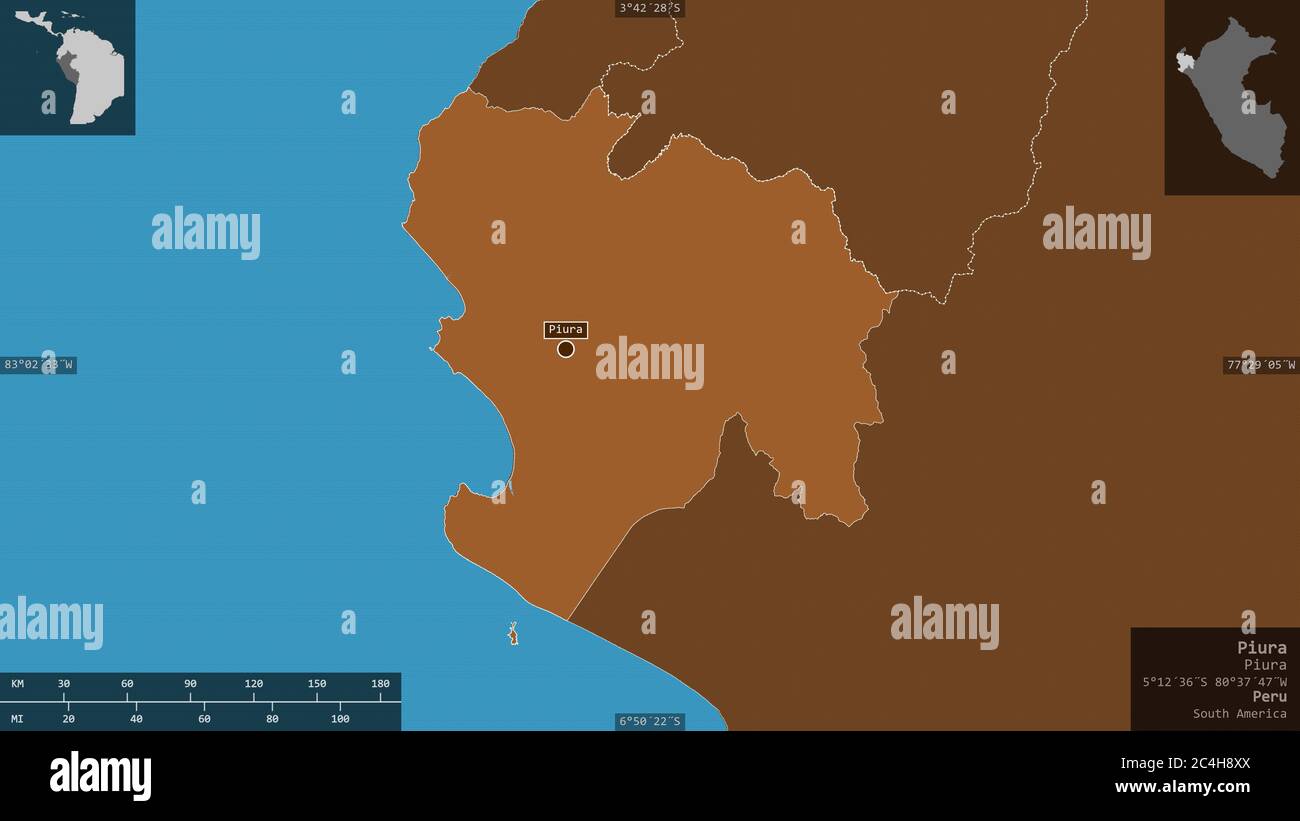 Piura, region of Peru. Patterned solids with lakes and rivers. Shape ...