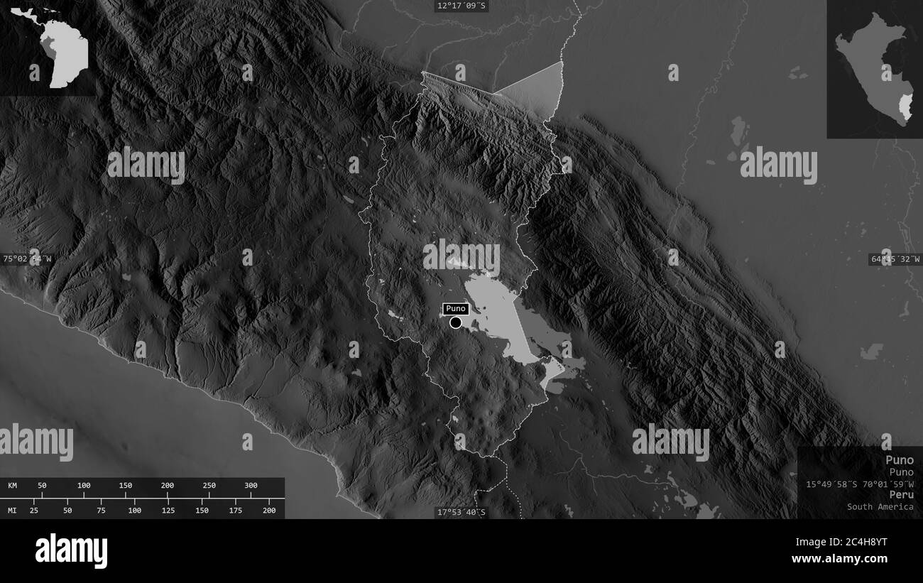 Puno, region of Peru. Grayscaled map with lakes and rivers. Shape ...